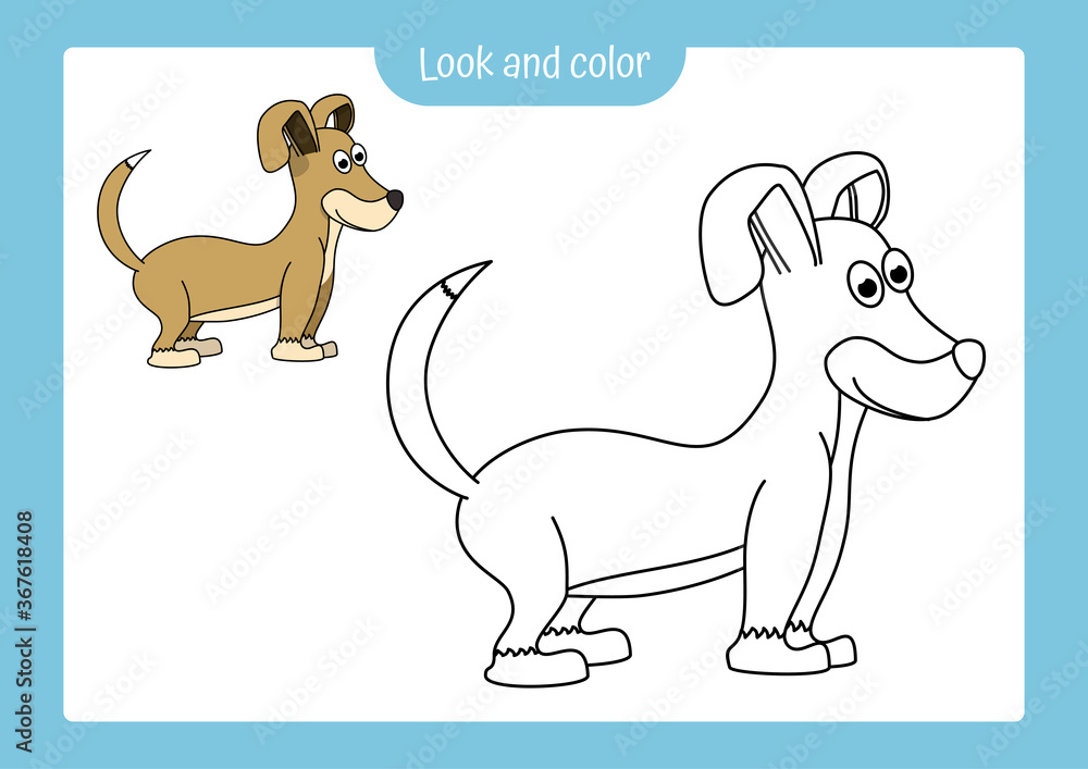 Look and color. Coloring page outline of a dog with colored example ...