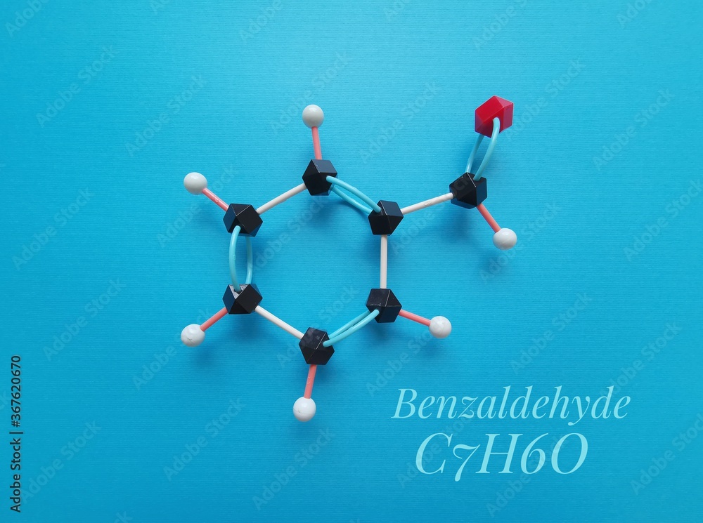 Molecular structure model and chemical formula of benzaldehyde molecule ...