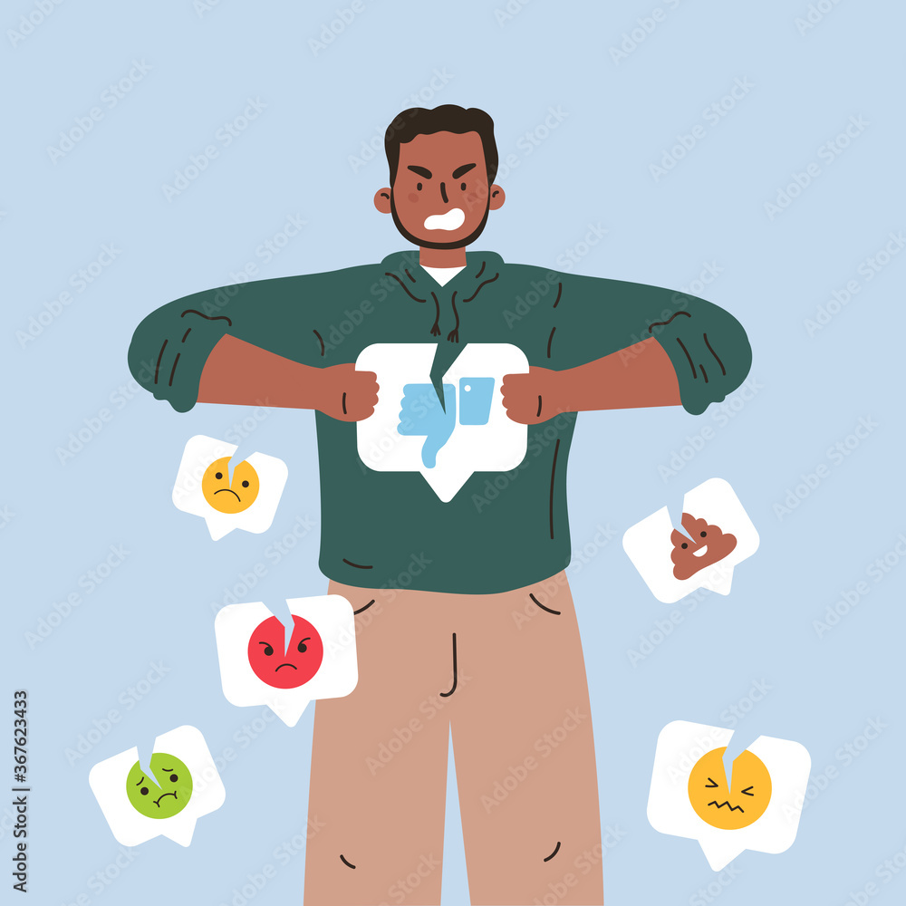 Angry man with broken dislike icon.Man breaks a dislike notification ...