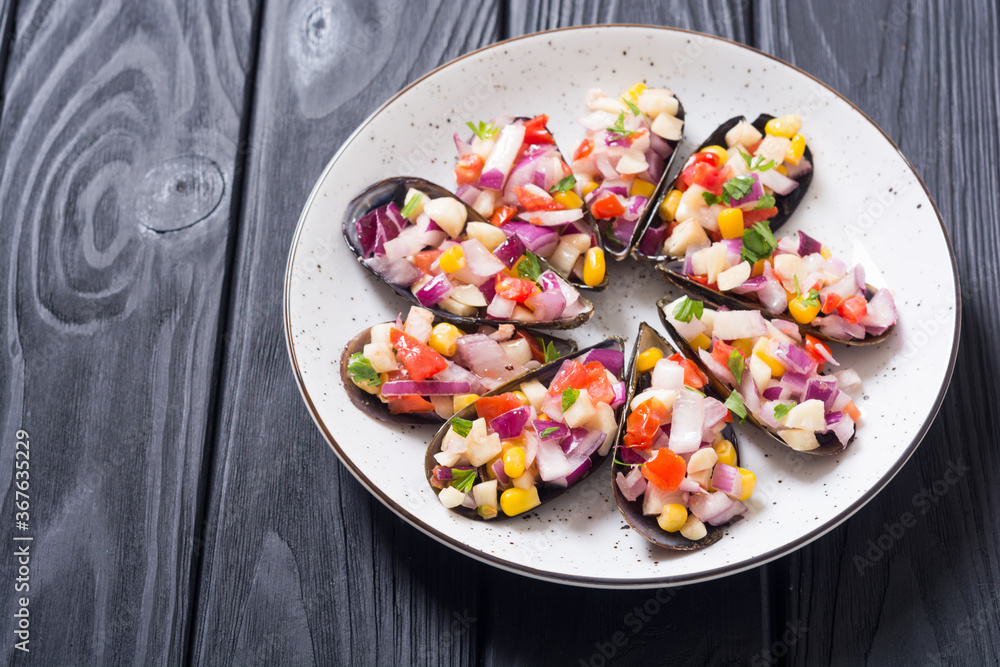 Traditional Peruvian food background with mussels Stock Photo | Adobe Stock