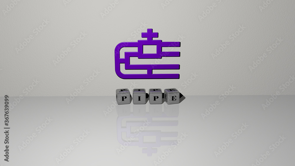 3D graphical image of pipe vertically along with text built by metallic ...