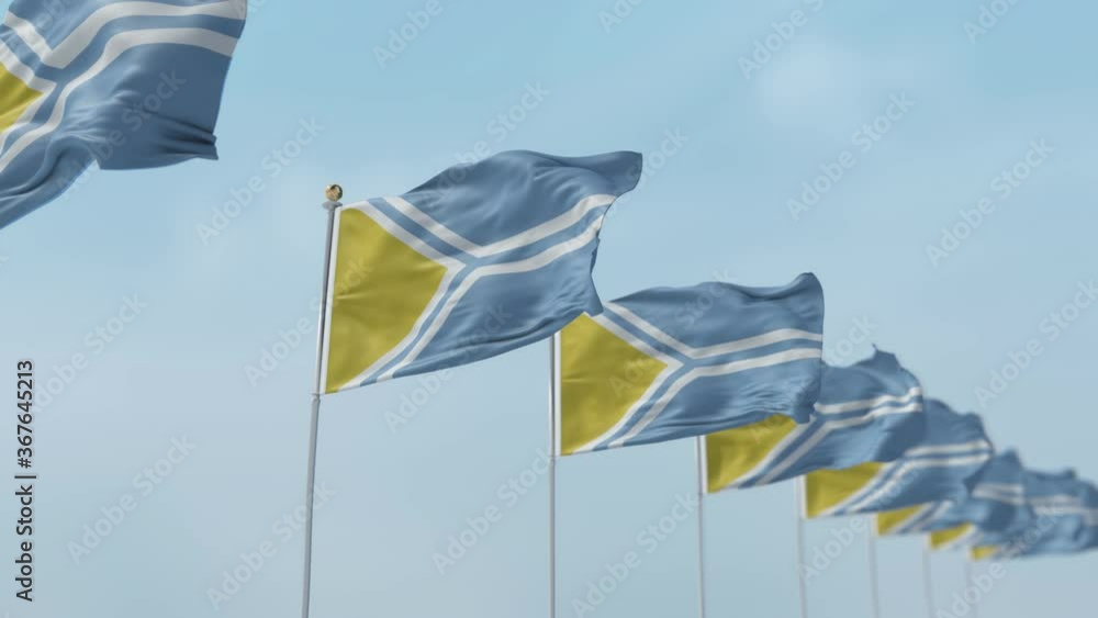 Row of waving flags of National flags of Tuva with sky Background . -3D ...