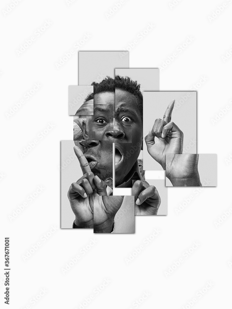 Surreal portrait of man made of different pieces of photos. Art collage ...
