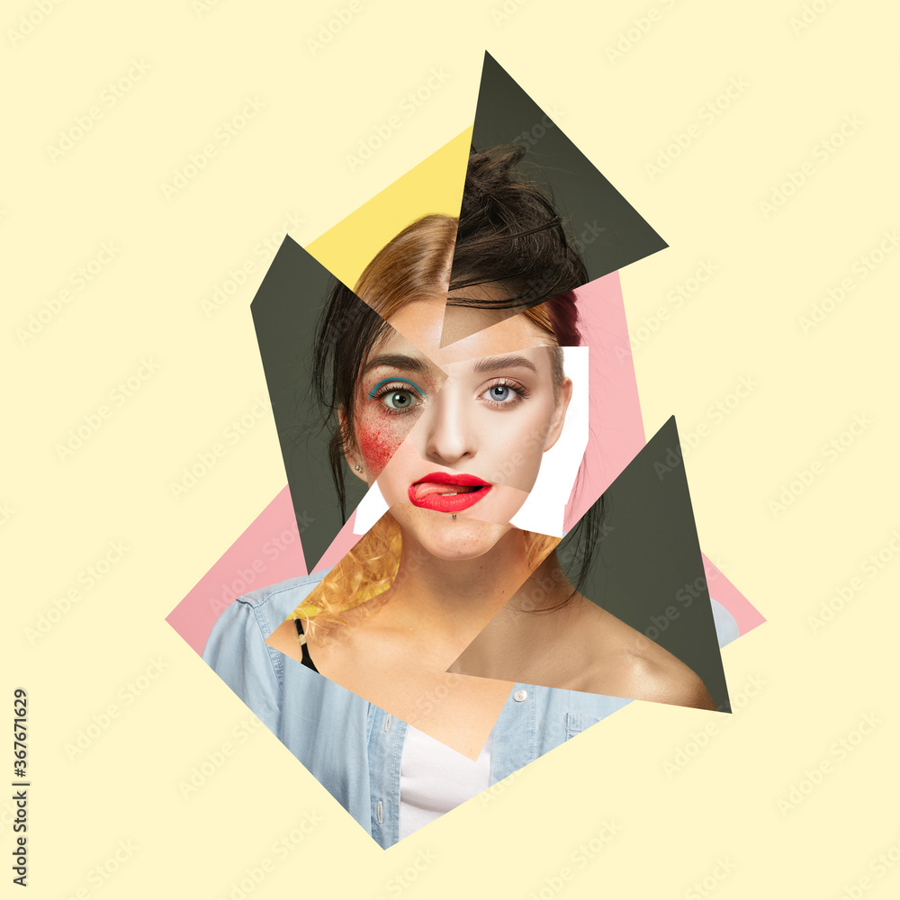 Surreal portrait of woman made of different pieces of photos. Art ...