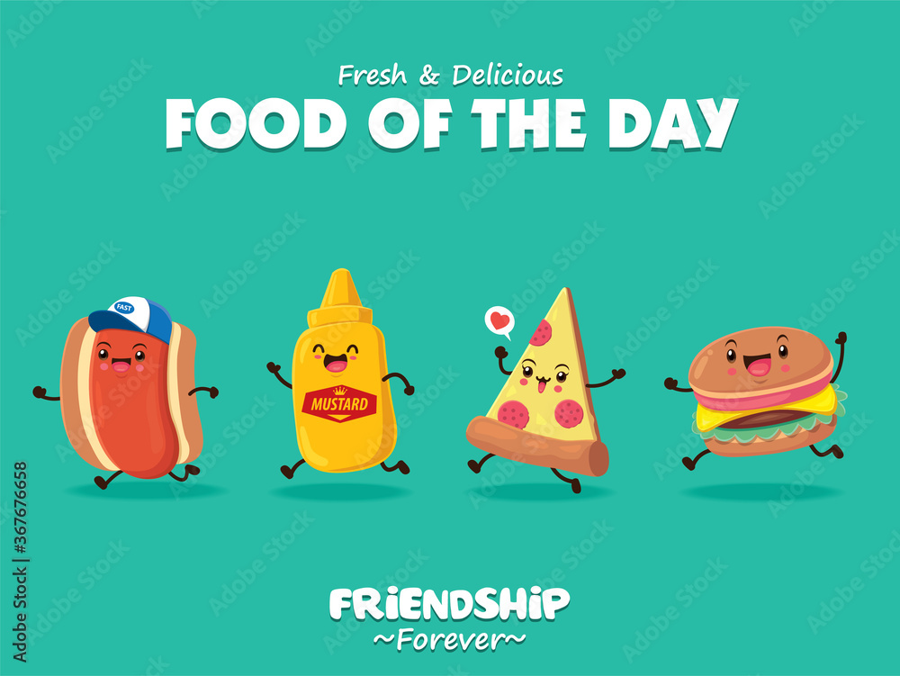 Vintage food poster design with hotdog, pizza, mustard, burger ...