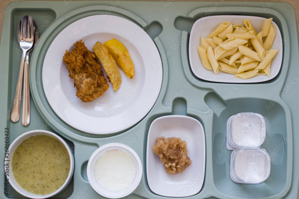 Hard plastic hospital food tray with foods.Top view Stock Photo | Adobe ...