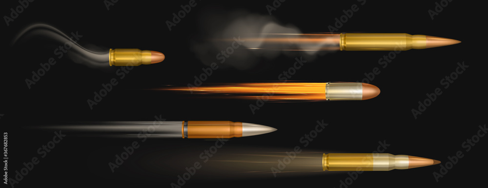 Flying bullets with fire and smoke traces. Shooting military handgun ...
