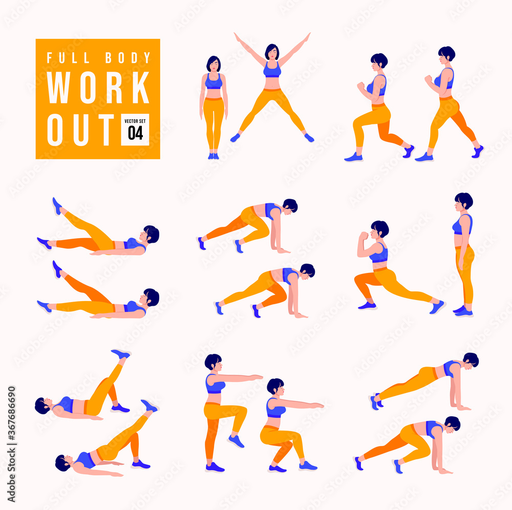 Full Body Workout Set. Women doing fitness and yoga exercises. Lunges ...