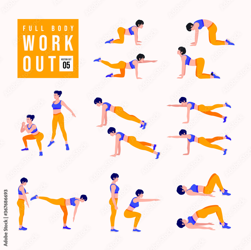 Full Body Workout Set. Women doing fitness and yoga exercises. Lunges ...