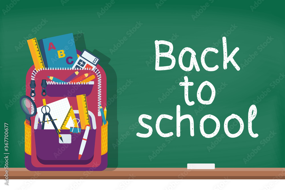 School board with school backpack and items. Vector illustration flat ...