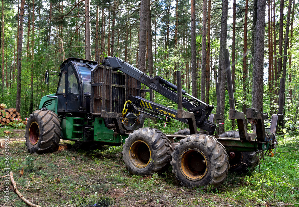 Foto de Crane forwarder machine at during clearing of a plantation ...