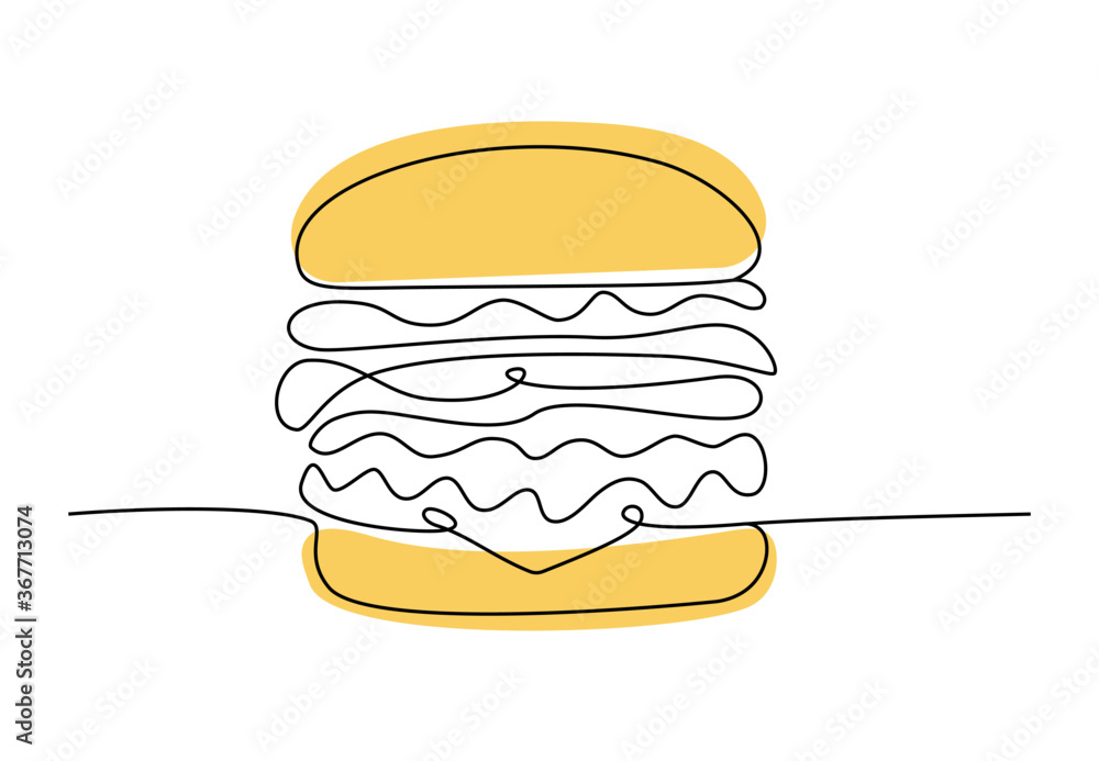 One line drawing of burger. Fast food hamburger with colorful abstract ...