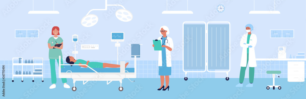 Hospital ward vector illustration. Cartoon flat doctor character team ...