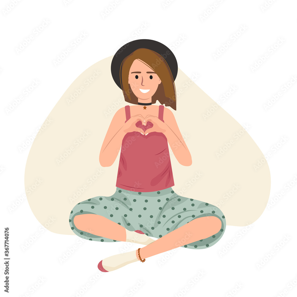 Stylish girl in hat smiling love yourself vector flat illustration ...