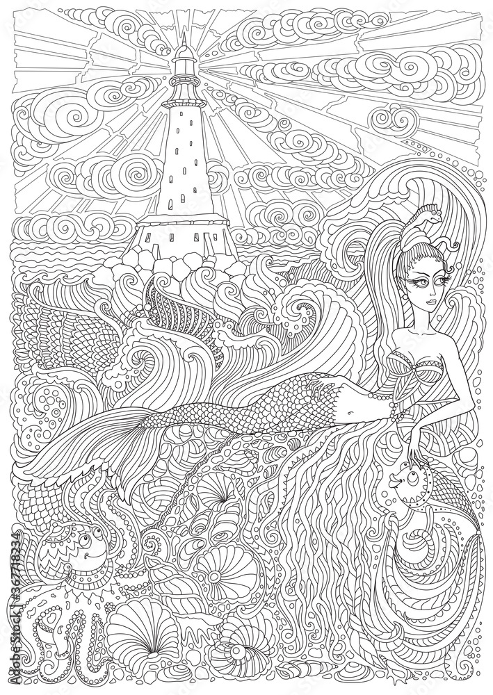 Vector nautical contour thin line illustration. Mermaid, sea island ...