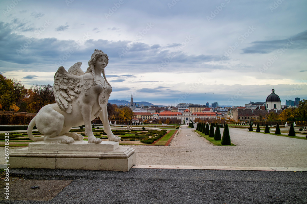 Marble statue of Woman Sphinx on a parapet of Belvedere Palace in ...