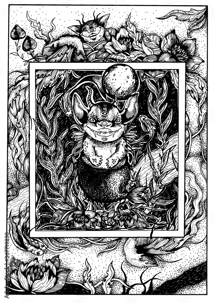 Magic character, fabulous swamp creature, creepy, with three eyes, thin ...