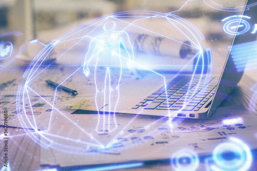 Desktop computer background and education theme drawing. Double ...