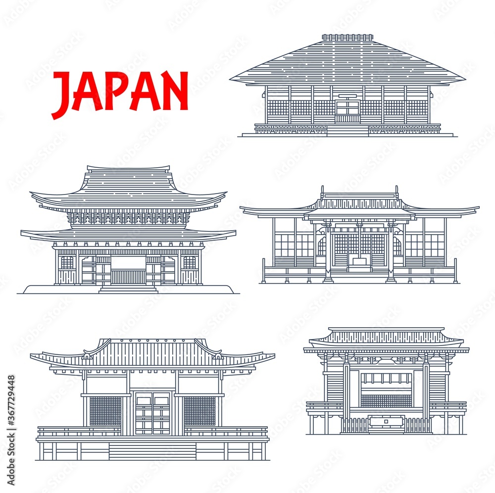 Vetor de Japan buildings, Japanese temples, houses and pagodas ...
