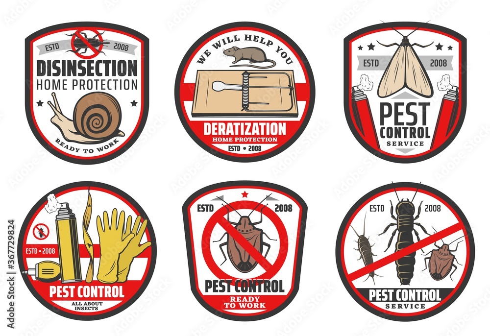 Pest control icons, insects disinfection, deratization and ...