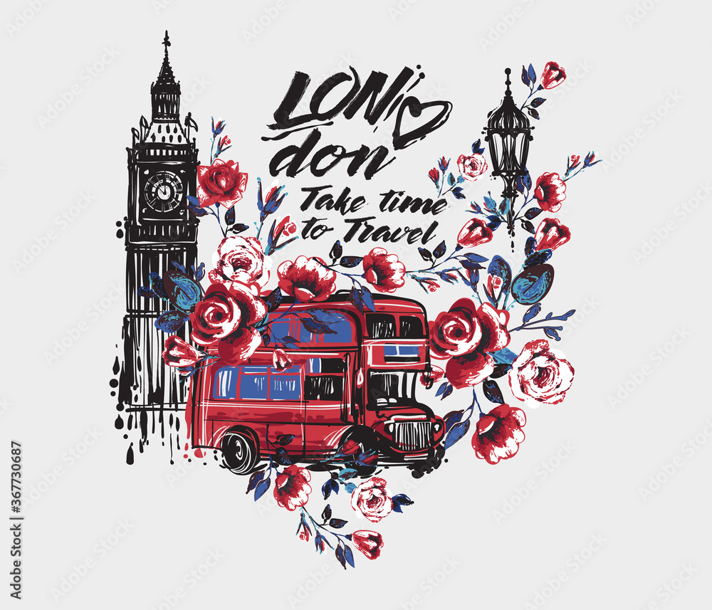 London bus with flowers, vintage lantern, roses, Big Ben. Watercolor ...