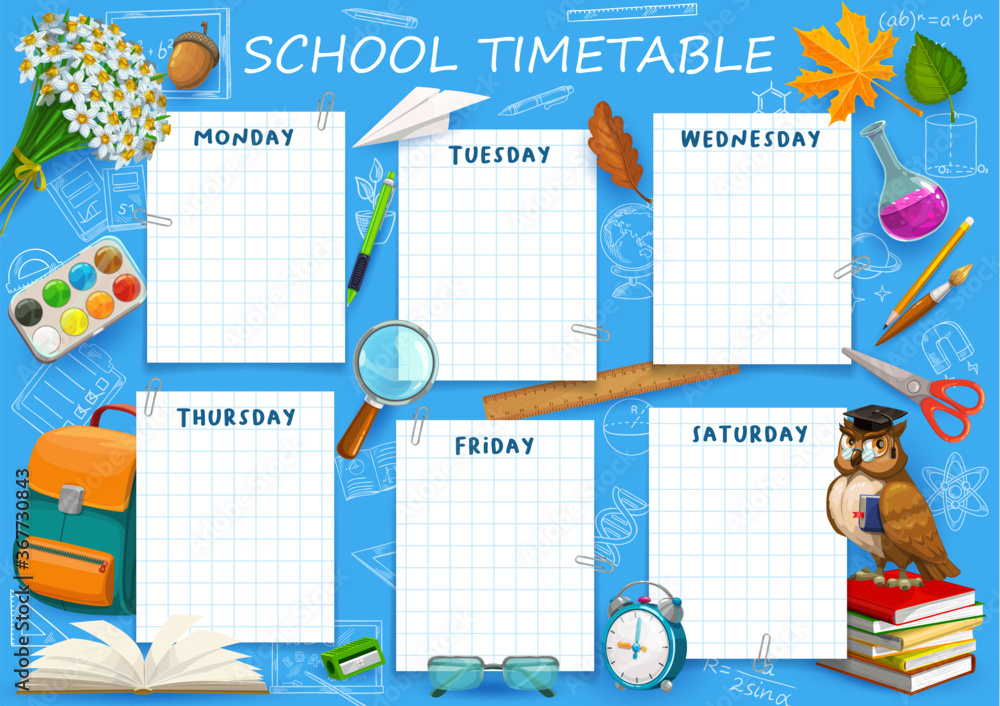 School timetable schedule template, weekly planner table, vector ...