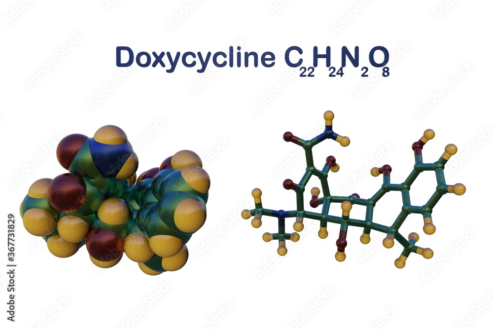 Molecular model of doxycycline, an antibiotic used to treat a number of ...