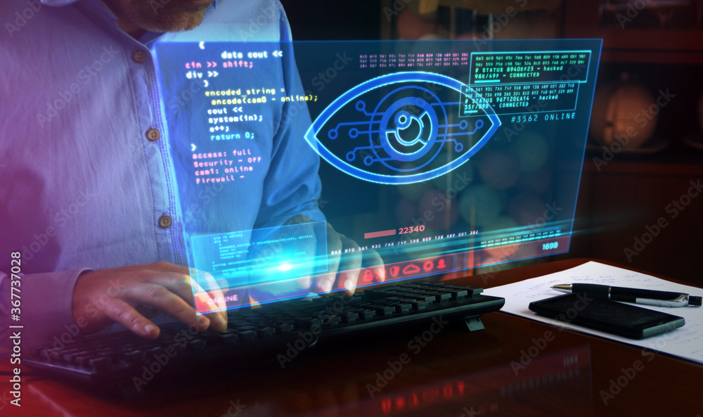Cyber spying hacking and supervise eye symbol on screen illustration ...
