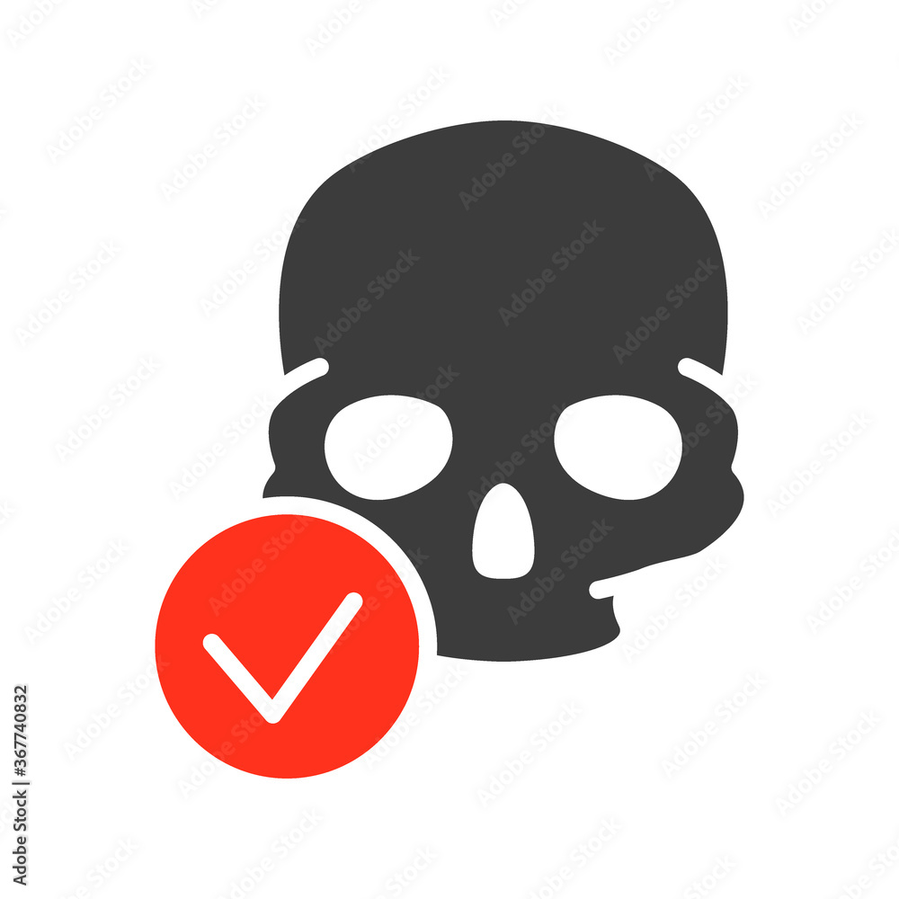 Skull with tick checkmark colored icon. Bone structure of the head ...