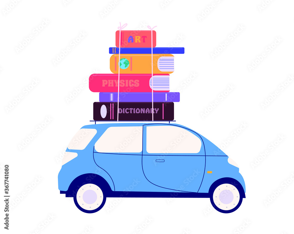 Car carries a pile of books isolated vector illustration. Learning and ...