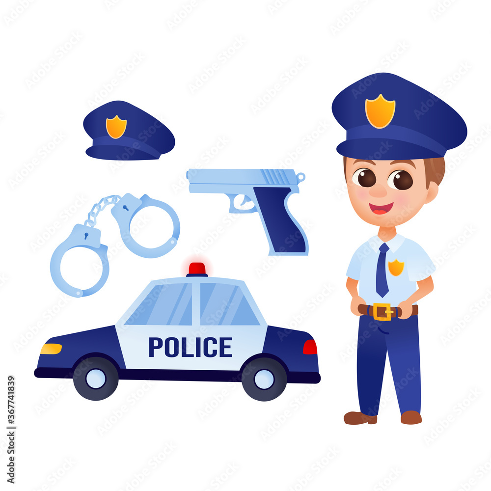 Cartoon police set with policeman, pistol, handcuffs and car Stock ...