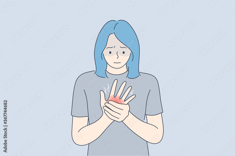 Health, care, medicine, pain, trauma concept. Young unhappy woman girl ...