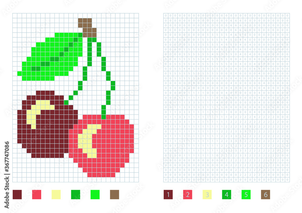 Pixel cherry in the coloring page with numbered squares, vector ...