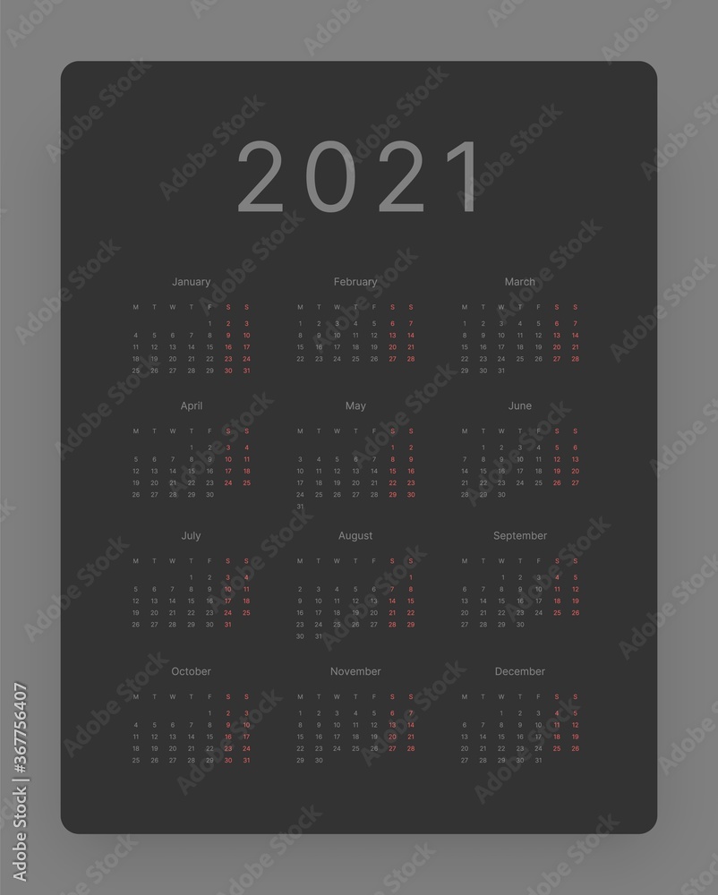 Calendar for 2021 year in clean minimal style. Week Starts on Sunday ...