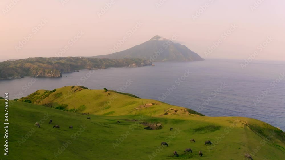 Batanes Drone Landscape Marlboro Hills with Carabo Grazing and Mountain ...