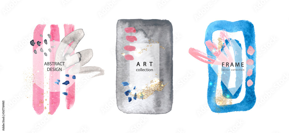 Set of abstract frames with hand drawn watercolors shapes.Minimal ...