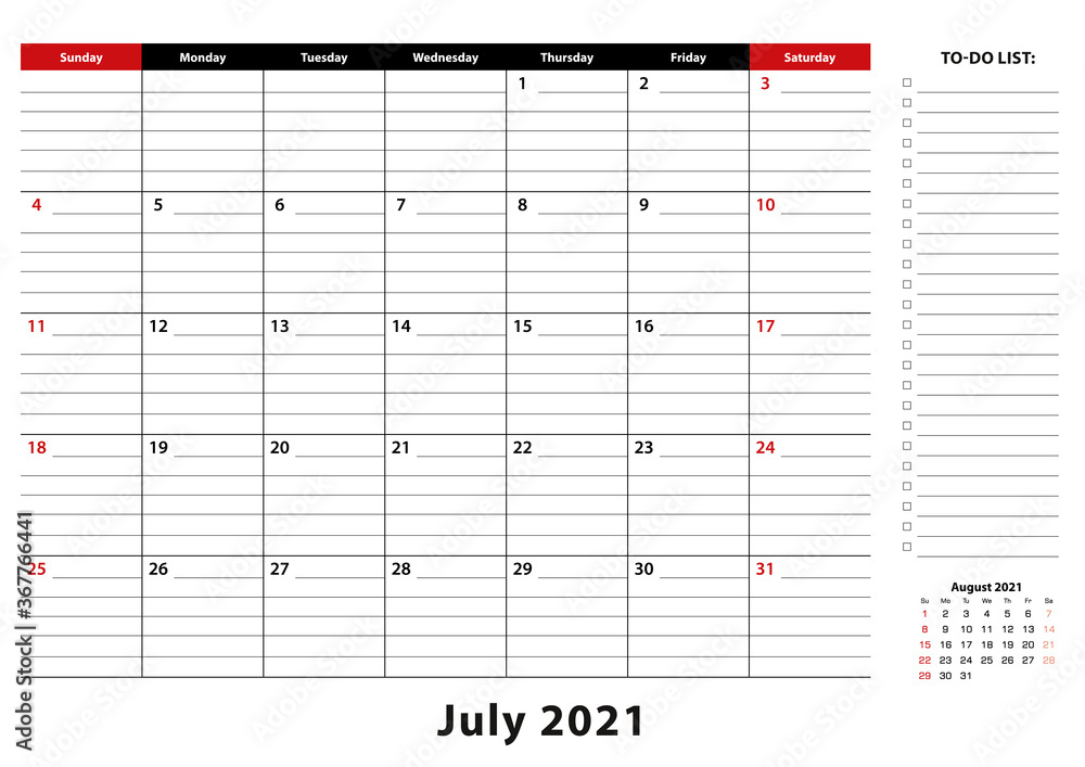 July 2021 Monthly Desk Pad Calendar week starts from sunday, size A3 ...