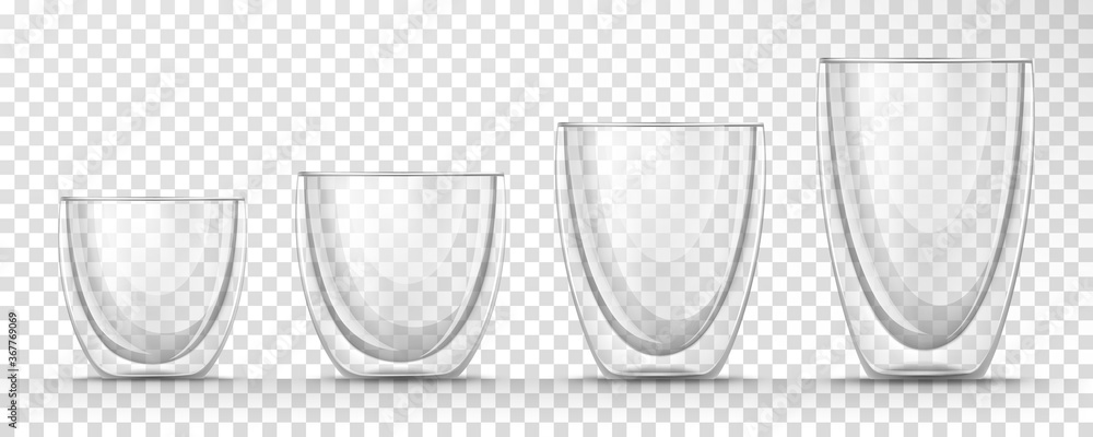 Vector realistic set of glass empty cups different sizes on transparent ...