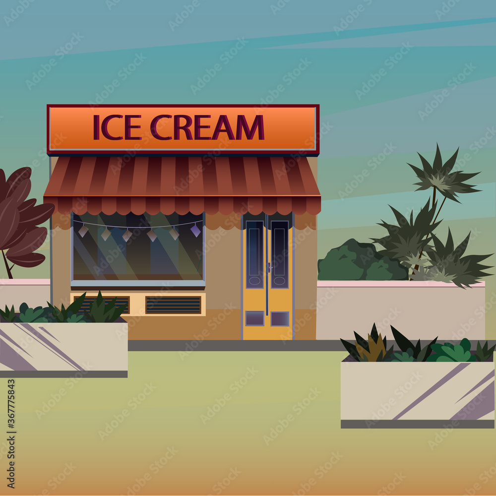 Ice cream cart sweet frozen food kiosk vector.Facade ice cream shop ...