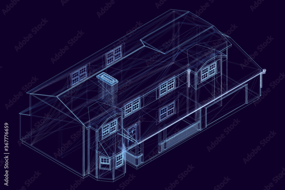 House wireframe made of blue lines on a dark background. Isometric view ...