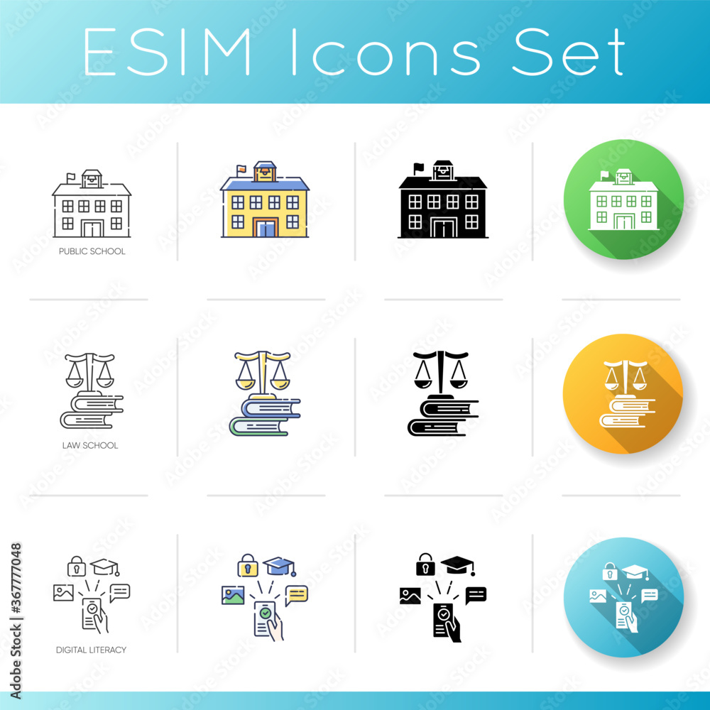 Modern education system icons set. Linear, black and RGB color styles ...