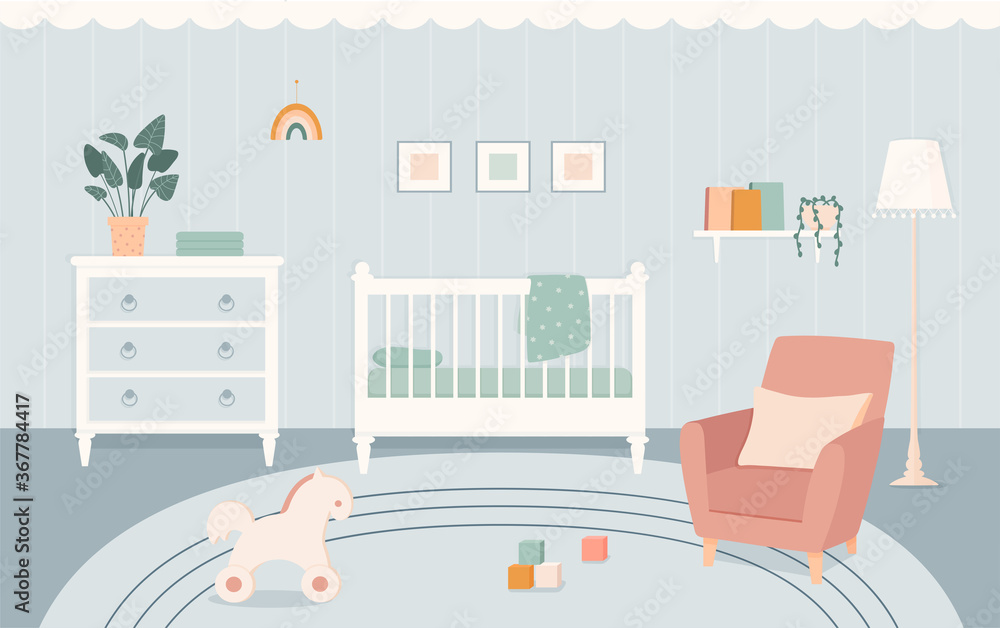 Baby room with furniture in flat style. Nursery and playroom interior ...