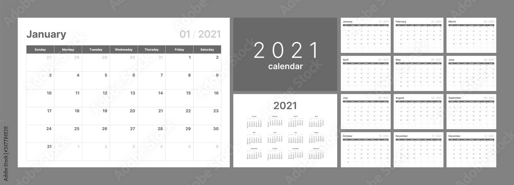Wall calendar template for 2021 year. Planner diary in a minimalist ...