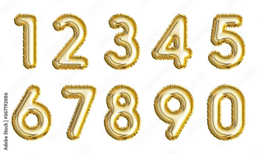 Set of golden numbers made of inflatable balloons isolated on white ...