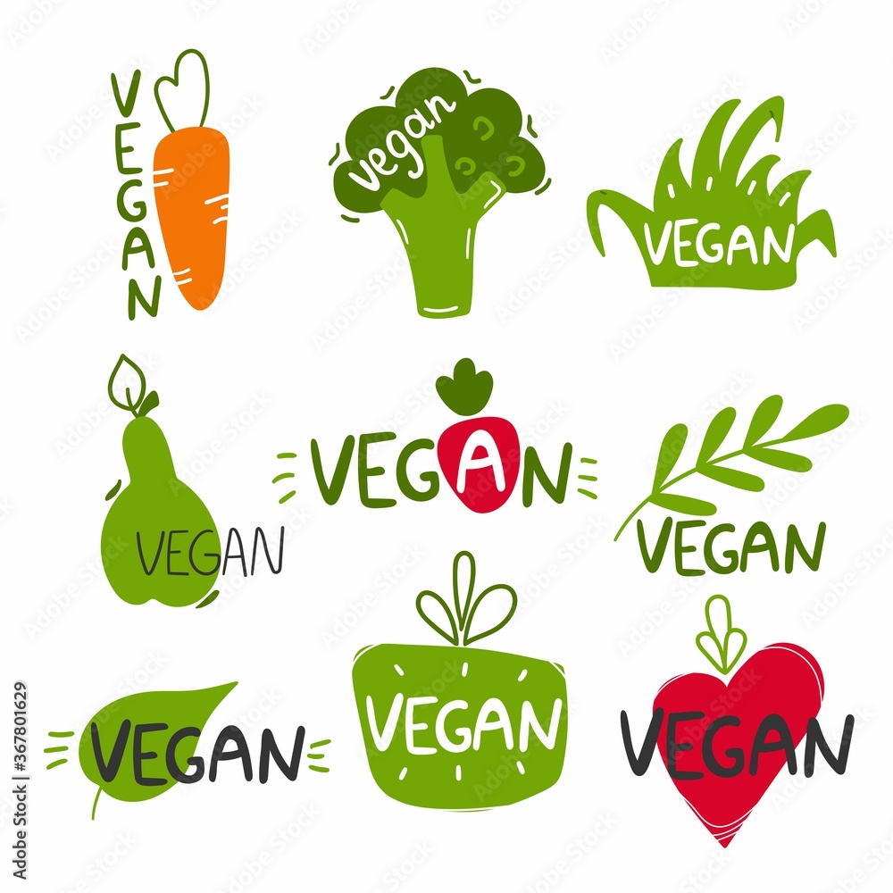 Vegan labels set. Label and badge templates. Collection of emblems and ...