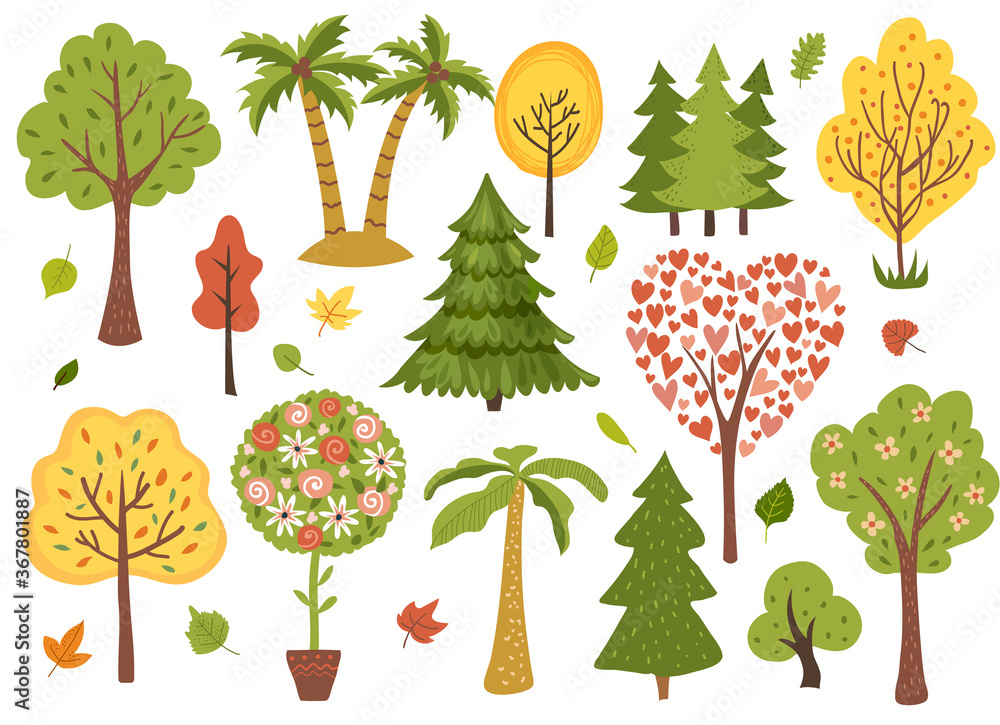 Cartoon forest, tropical and garden tree set. Cartoon hand drawn ...