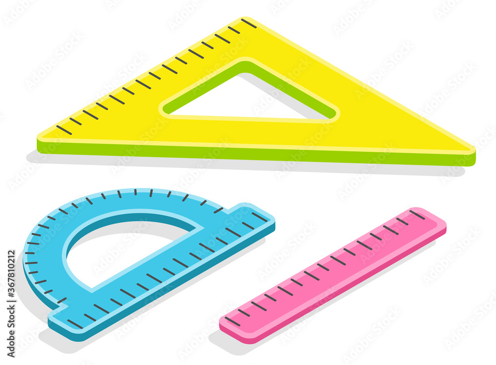 Three rulers to draw straight lines and right triangles. Protractor for ...