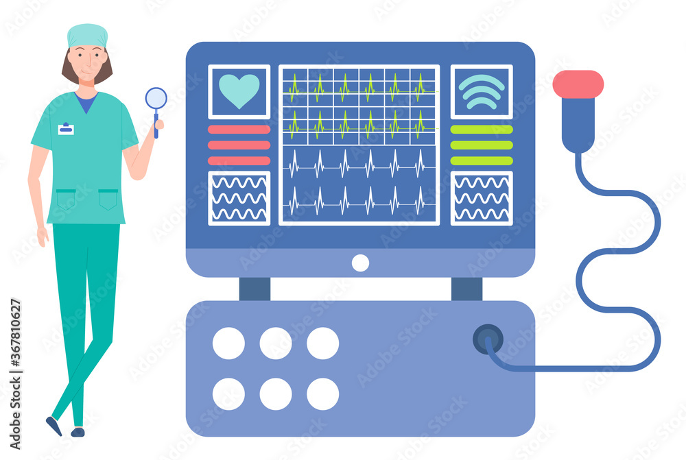 Cardiologist woman with magnifying glass. Cardiograph tool, medical ...