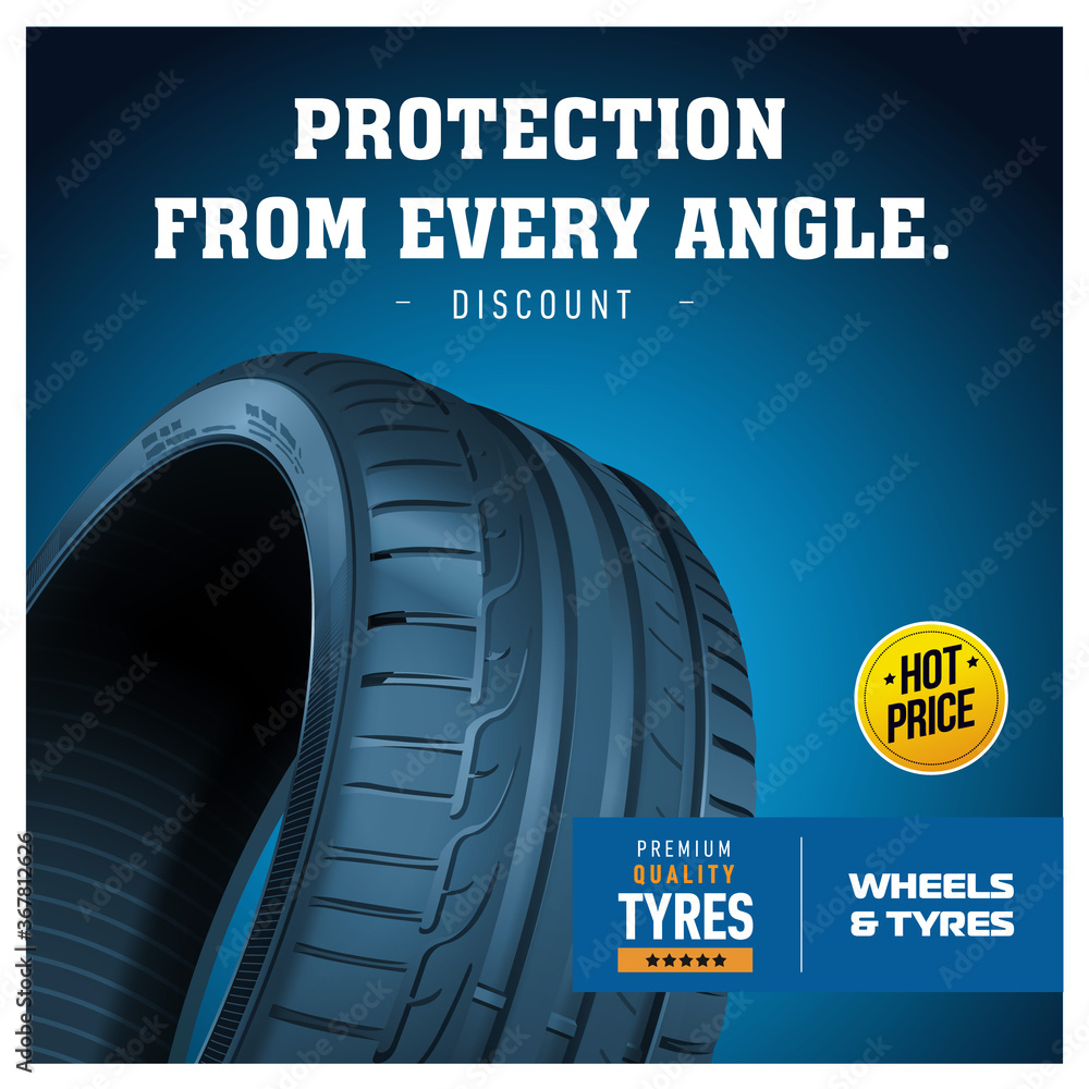 Tires car advertisement poster. Black rubber tyre. Realistic vector ...