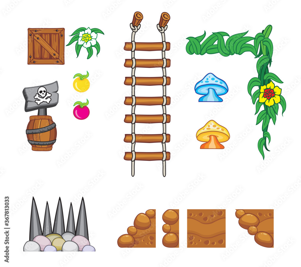 set of game assets, icon, element, tileable seamless tileset, Useful ...